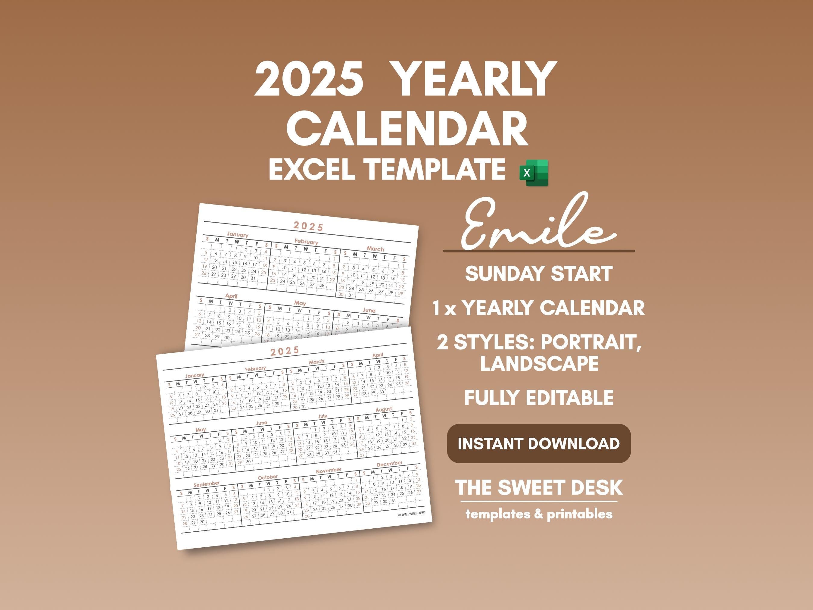 Editable 2025 Yearly Calendar Printable, Excel Template for Calendars ...