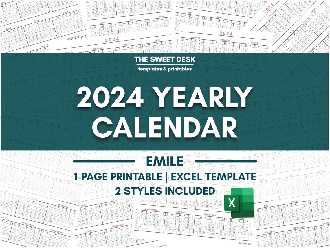 Editable 2024 Yearly Calendar Printable, Excel Template for Calendars ...