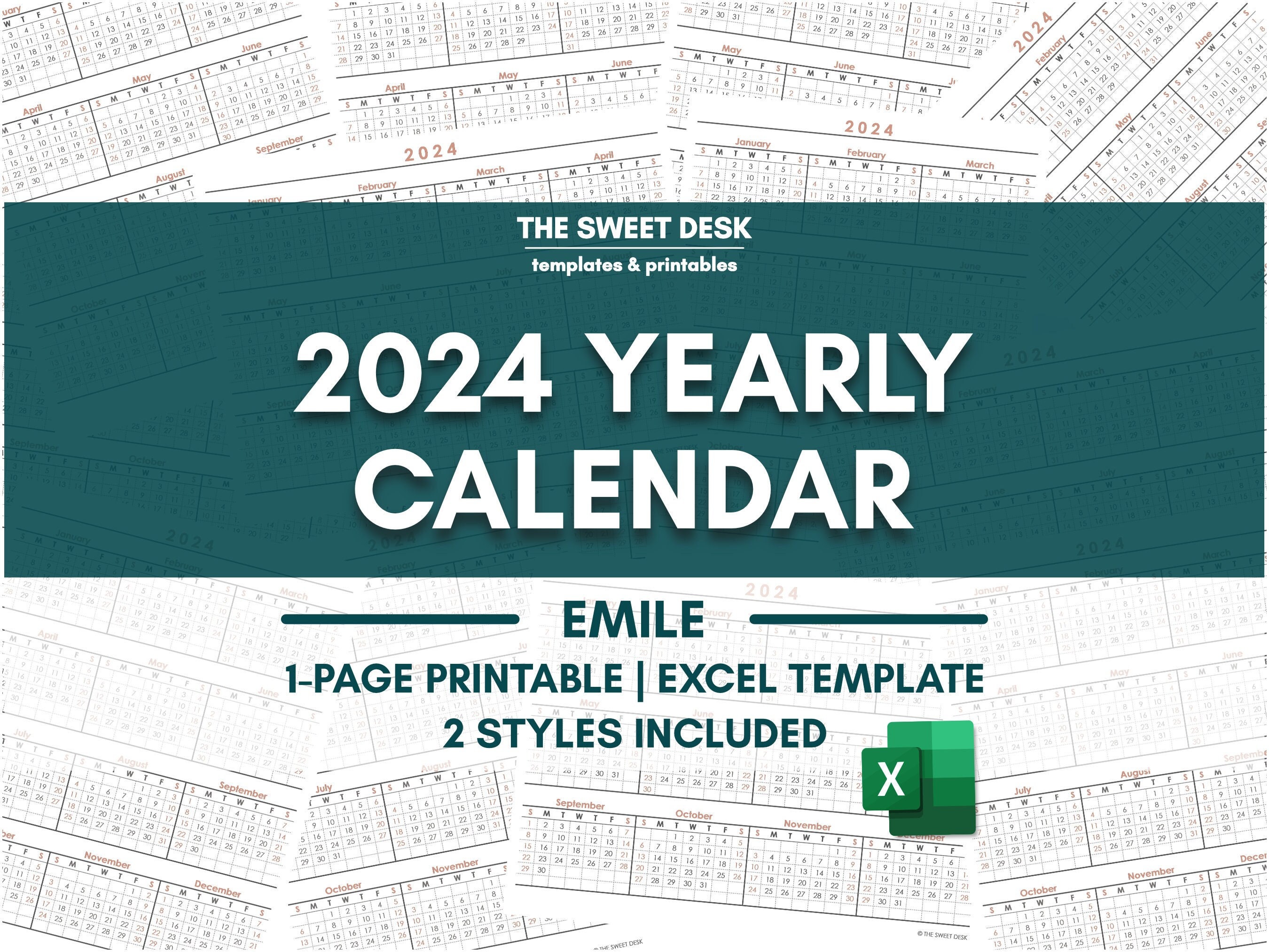 Editable 2024 Yearly Calendar Printable, Excel Template for Calendars ...