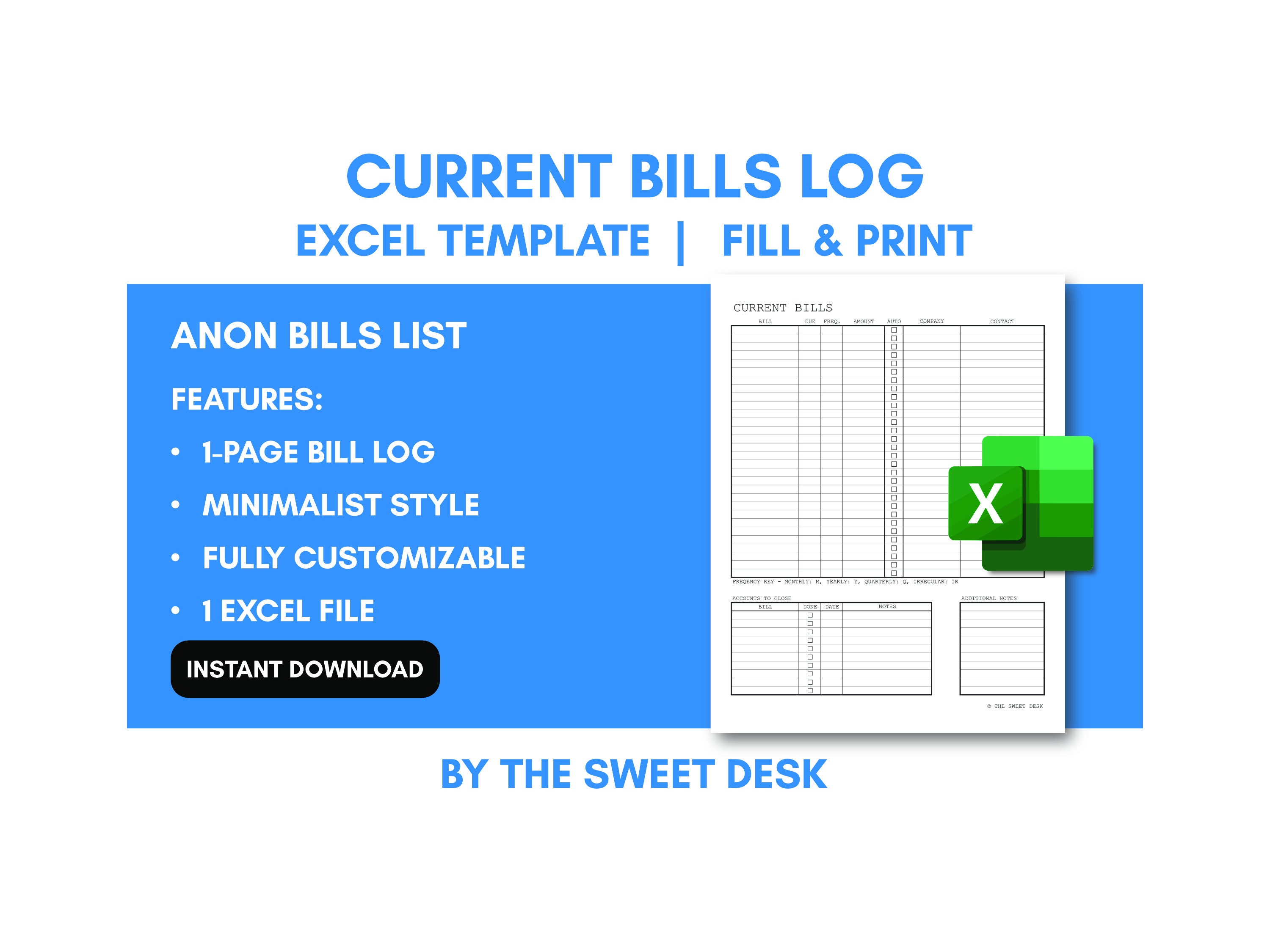 EDITABLE Bills List | Bills Log | Excel Template | Excel Bill Tracker ...