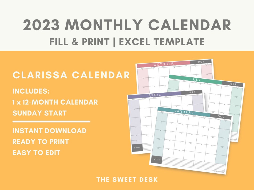 PRINTABLE CALENDAR 2023 Excel Template 2023 Calendar - Etsy Hong Kong