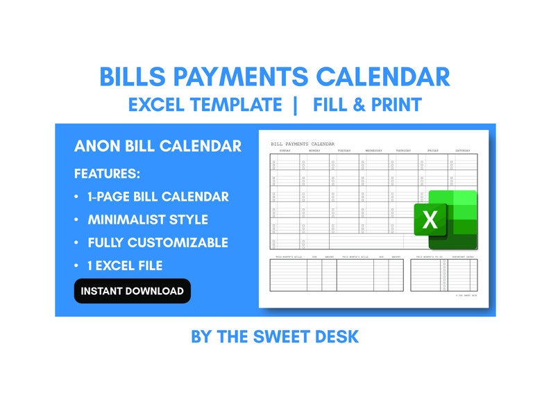 EDITABLE Monthly Bill Payments Calendar | Excel Template | Bill Payment ...