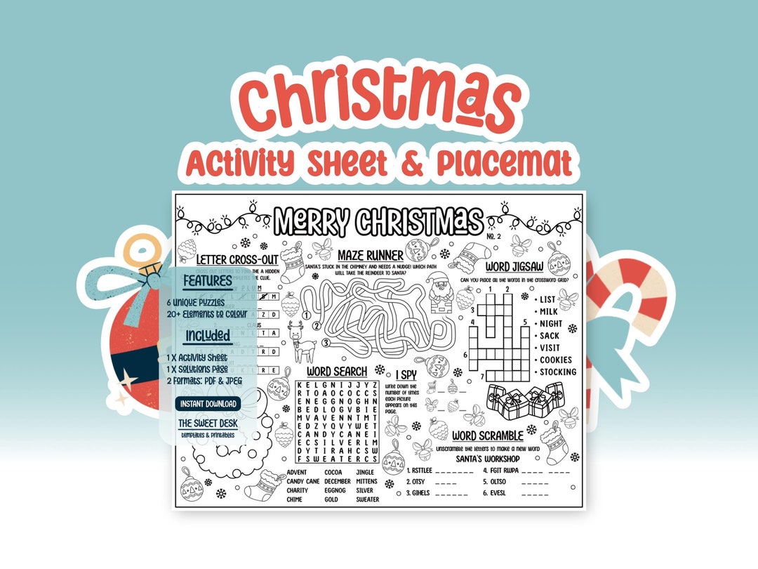 Christmas Activity Sheet for Kids | Christmas Placemat, Activity ...