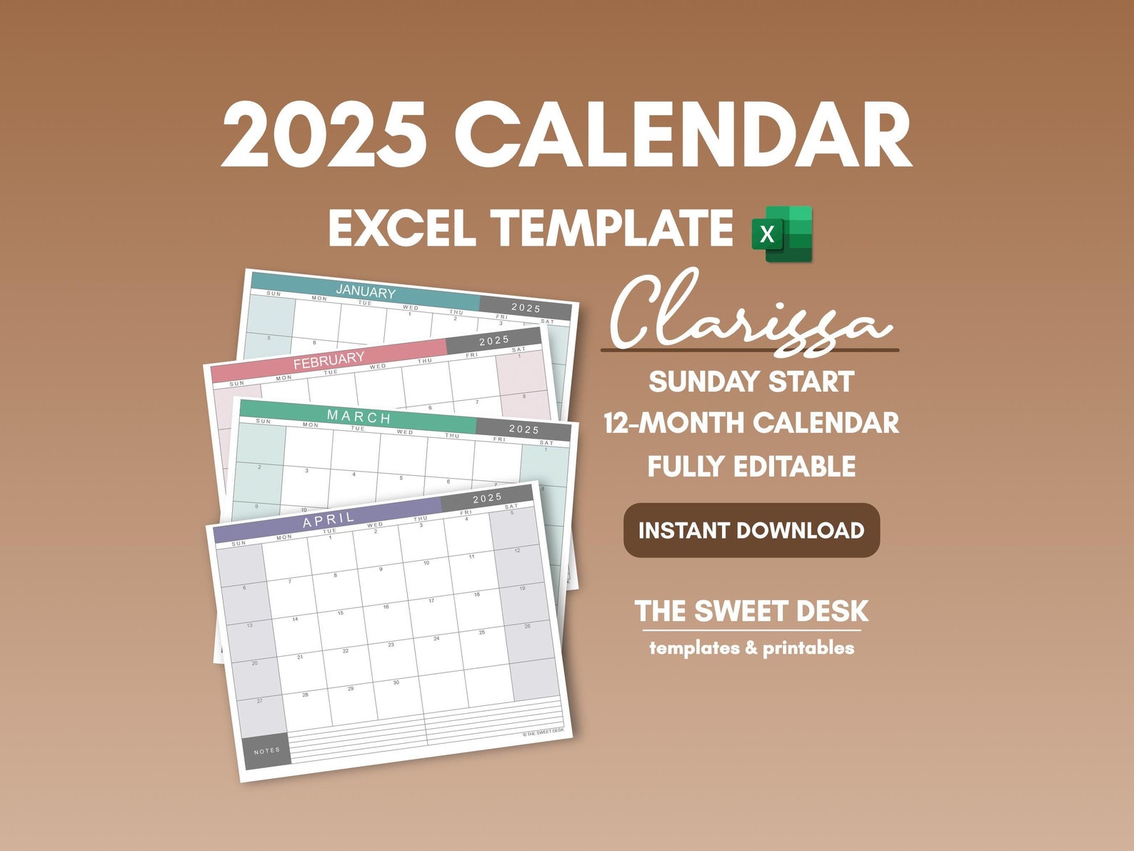 Calendar Printable 2025, Excel Calendar Template, Editable Monthly ...