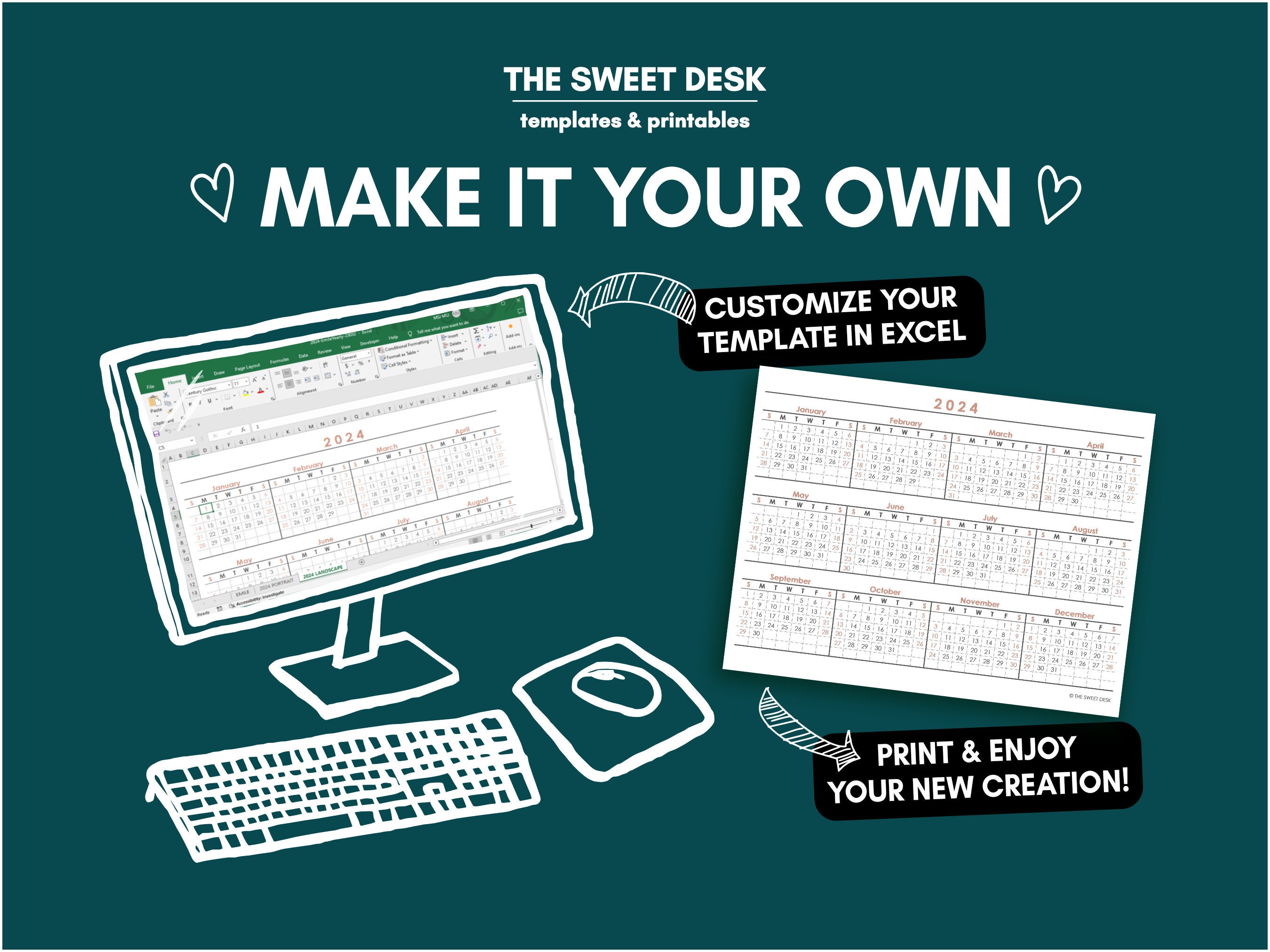 Editable 2024 Yearly Calendar Printable, Excel Template for Calendars ...