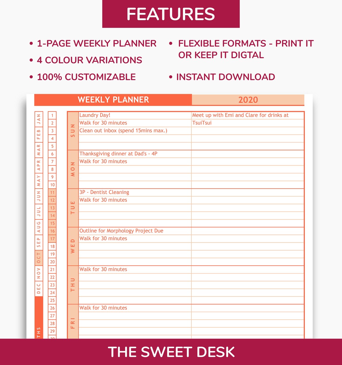 Editable Weekly Planner | Excel Template | Printable Weekly Calendar ...