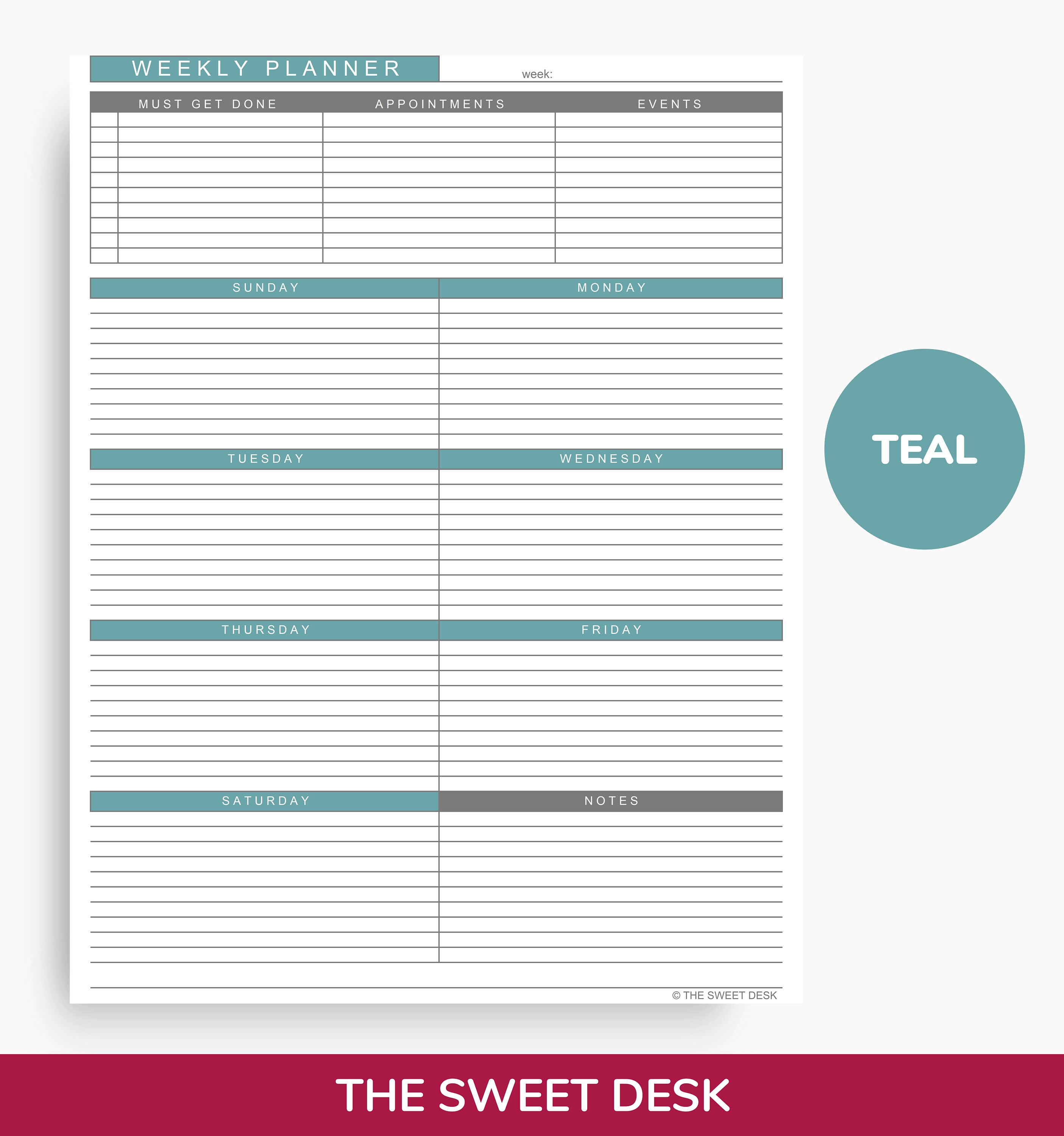 PRINTABLE Excel Weekly Planner Template, EDITABLE Undated One-page ...