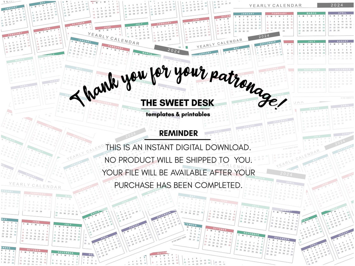 Editable 2024 Yearly Calendar, Modern Calendar Printable With Sunday ...