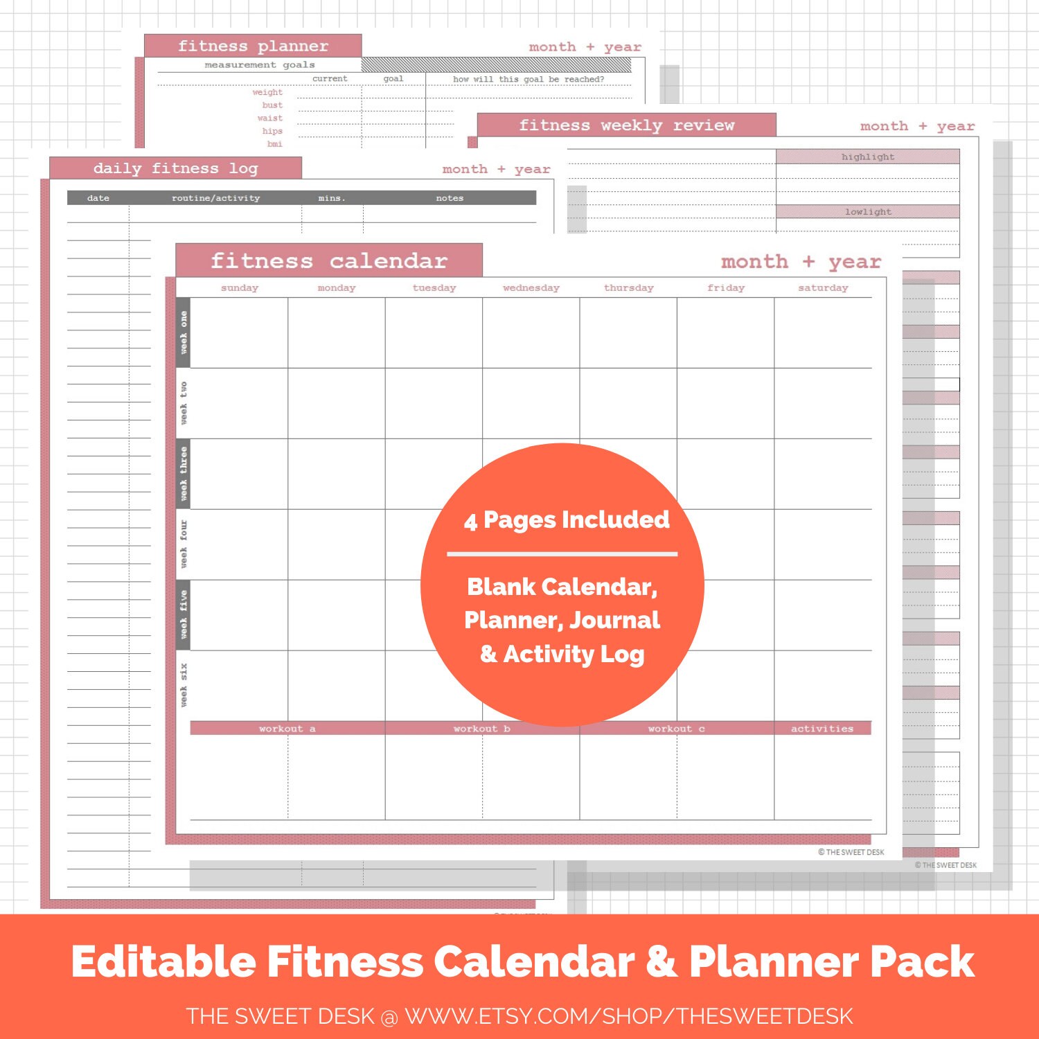 Fitness Calendar and Planner Bundle Excel Template Exercise Journal ...