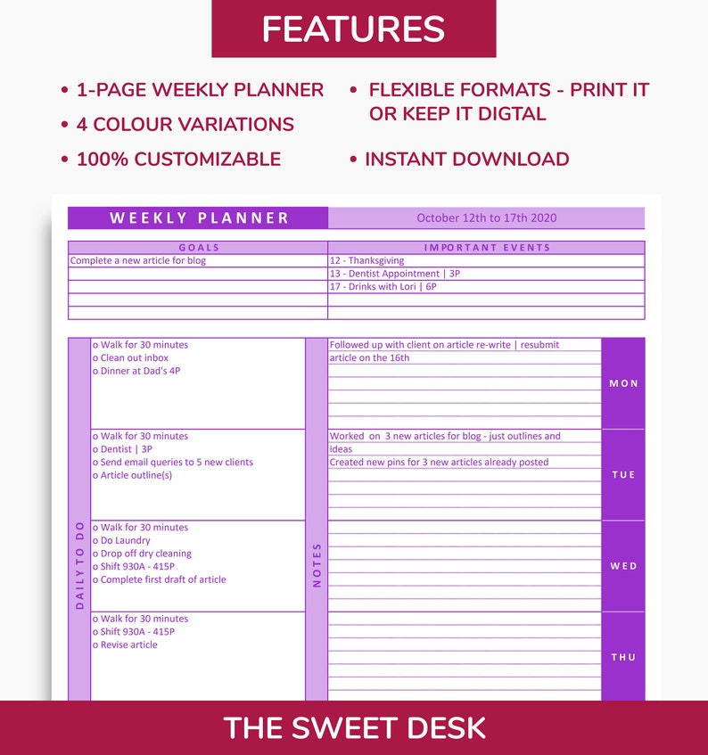 PRINTABLE Excel Weekly Planner Template, EDITABLE Planner With a Weekly ...