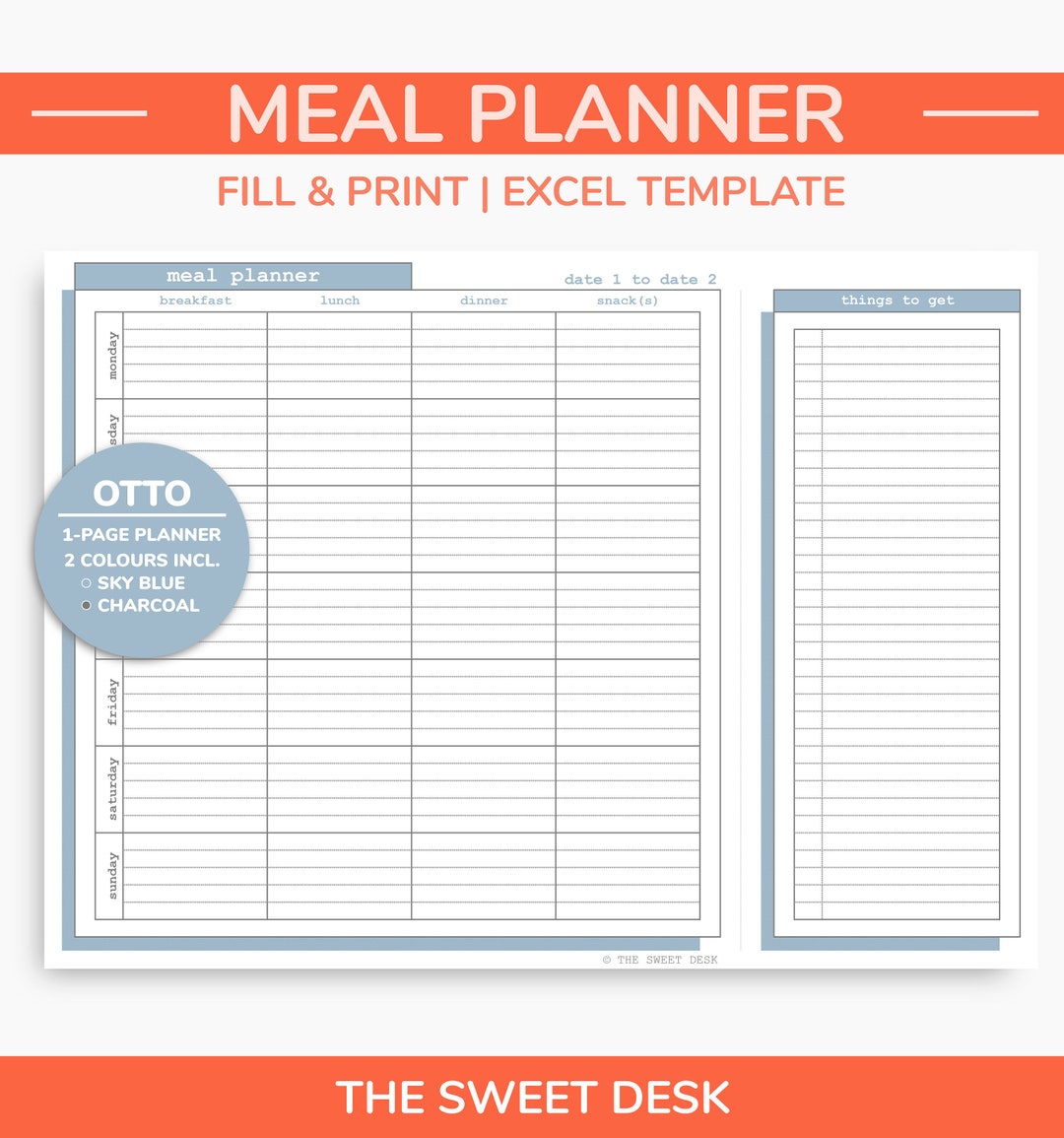 PRINTABLE Meal Planner Template | Excel Template | EDITABLE Weekly Meal ...