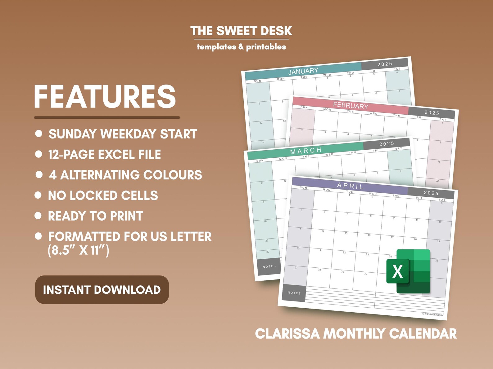 Calendar Printable 2025, Excel Calendar Template, Editable Monthly ...