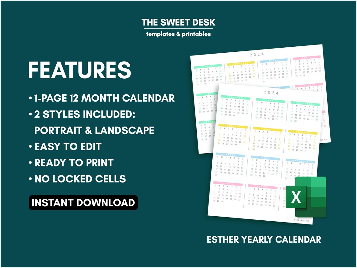 2024 Yearly Calendar Printable, Excel Calendar Template, Landscape ...