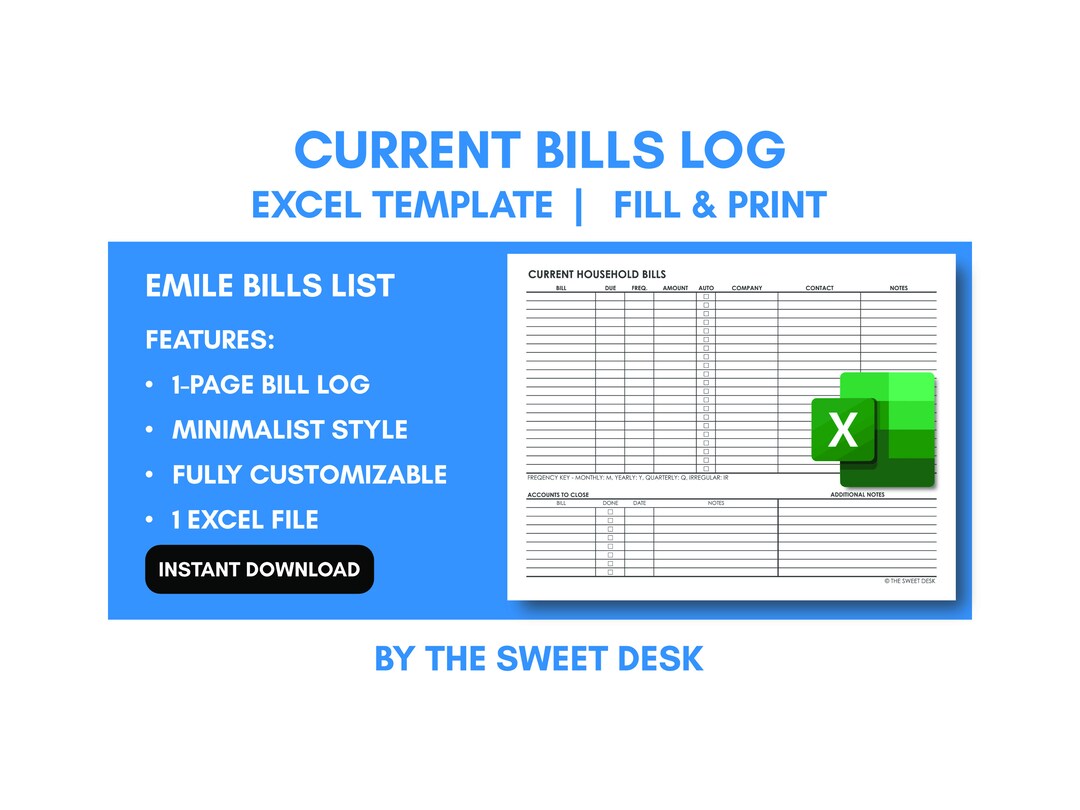 Excel Template Bills List | Bills Log | Excel Bill Tracker | Bill ...
