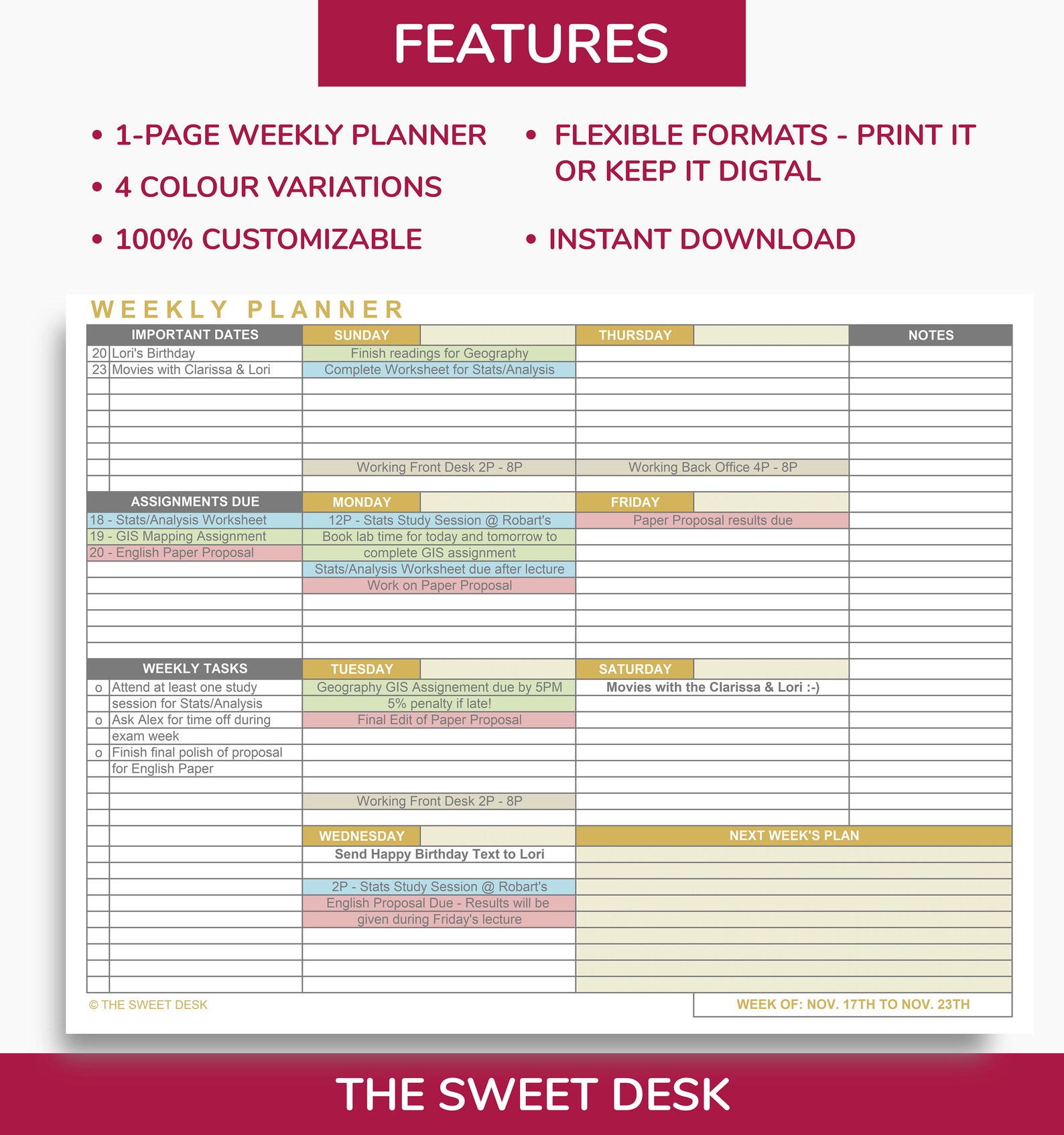 Editable Weekly Planner | Excel Template | Printable Weekly Calendar ...