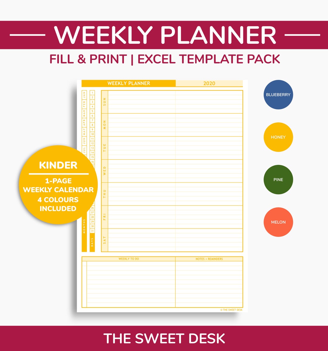 Editable Weekly Planner | Excel Template | Printable Weekly Calendar ...