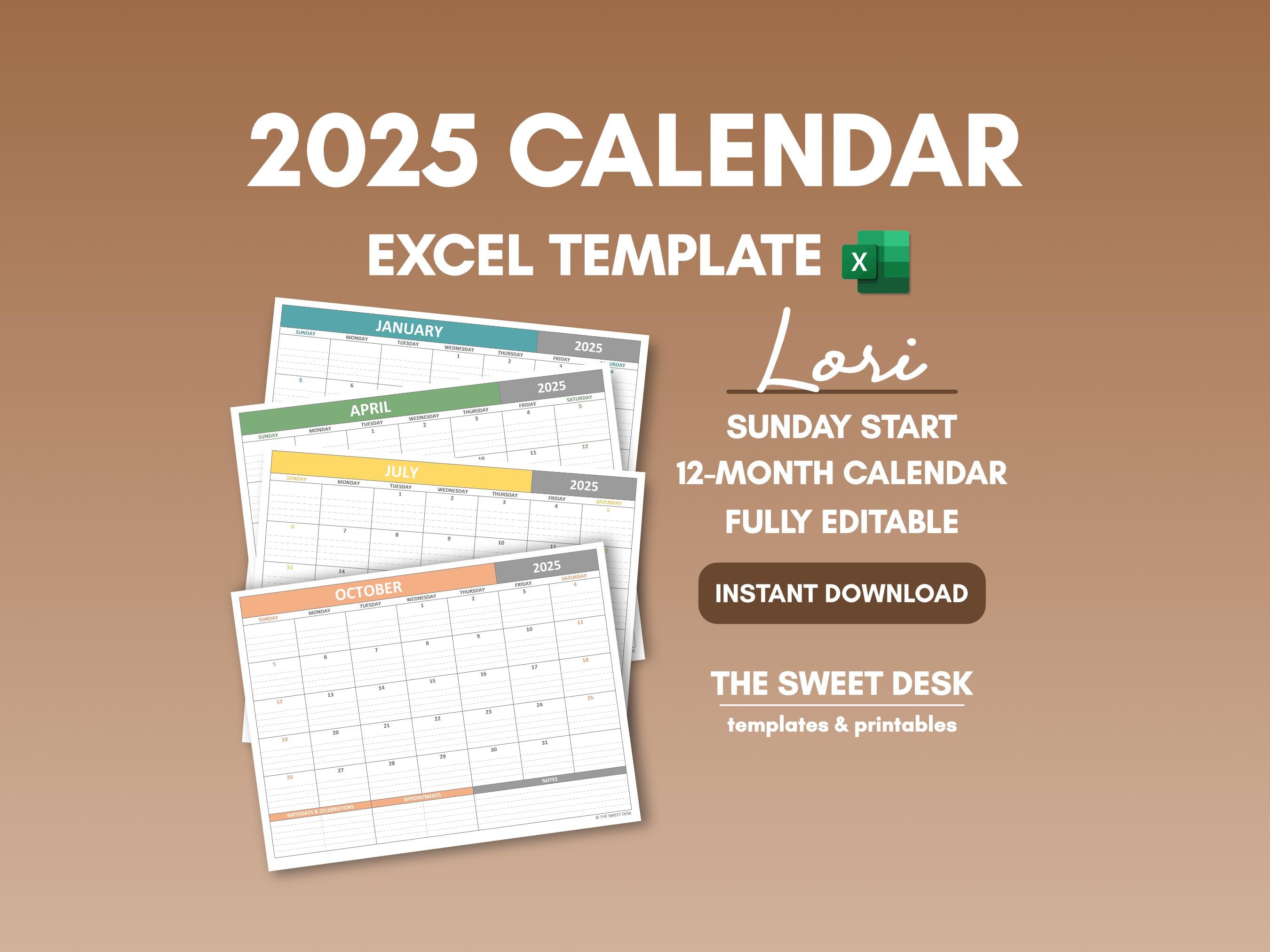 2025 Excel Calendar Template, Calendar Printable Sunday Start, Monthly ...