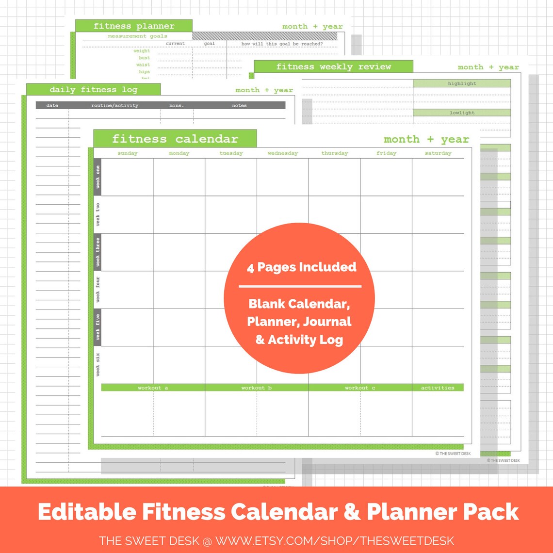 Fitness Calendar and Planner Bundle Excel Template Exercise Journal ...