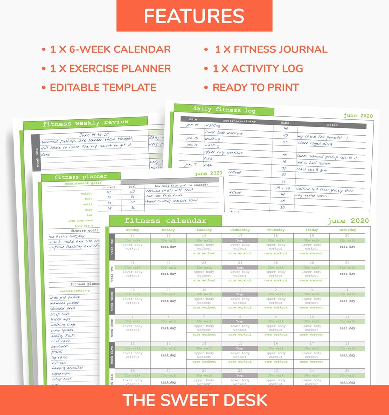 Fitness Calendar and Planner Bundle Excel Template | Etsy