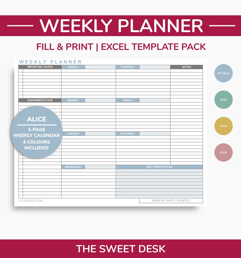 Editable Weekly Planner | Excel Template | Printable Weekly Calendar ...