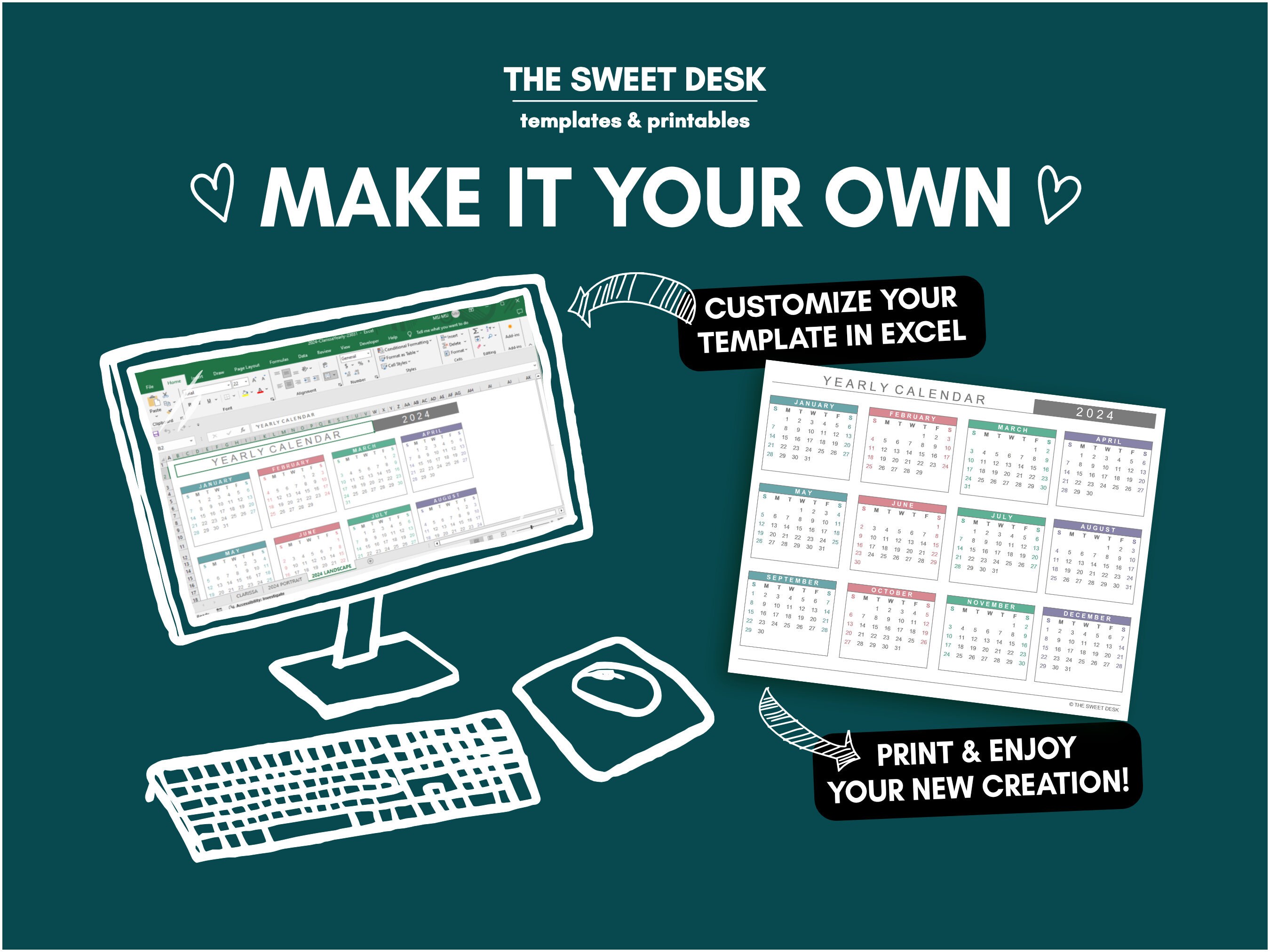 Editable 2024 Yearly Calendar, Modern Calendar Printable With Sunday ...