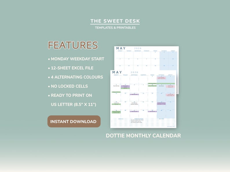 2026 Calendar With Monday Start | Editable Excel Template | Printable ...