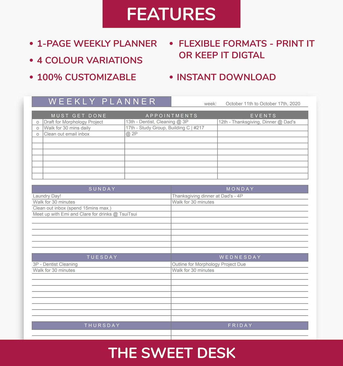 PRINTABLE Excel Weekly Planner Template, EDITABLE Undated One-page ...