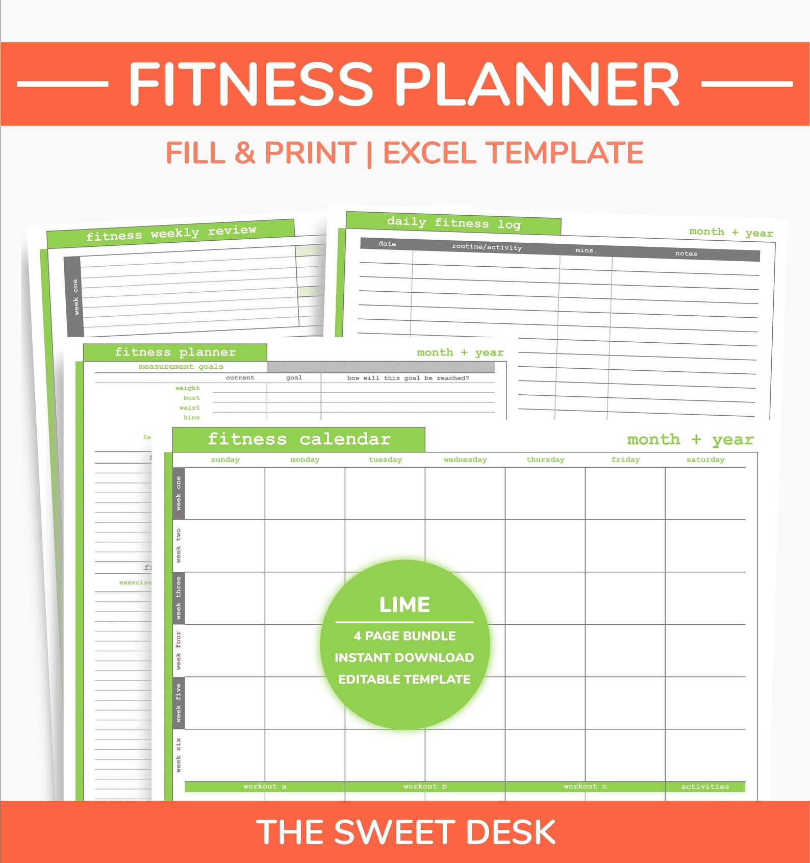 Fitness Calendar and Planner Bundle | Excel Template | Exercise Journal ...