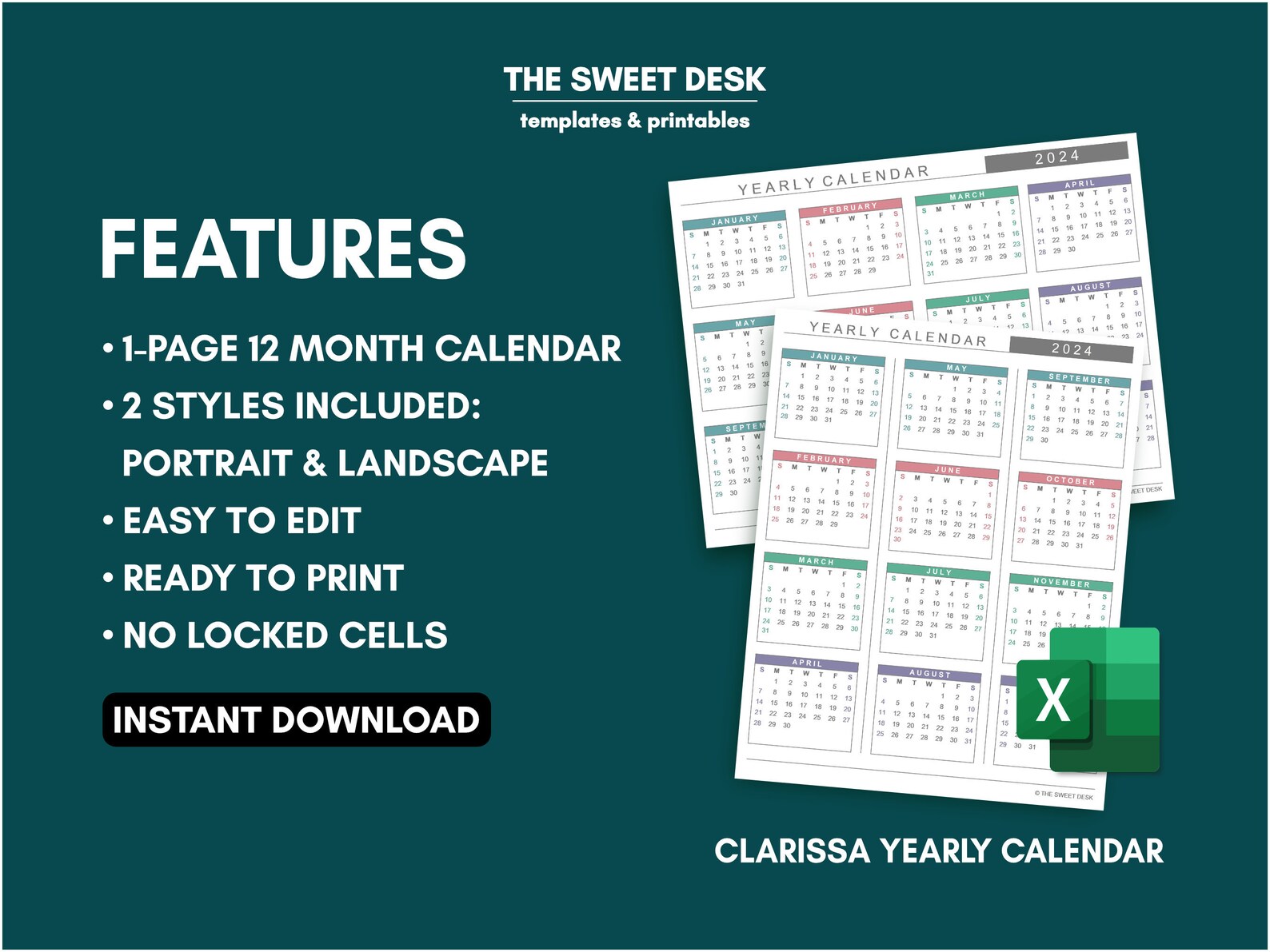 Editable 2024 Yearly Calendar, Modern Calendar Printable With Sunday ...