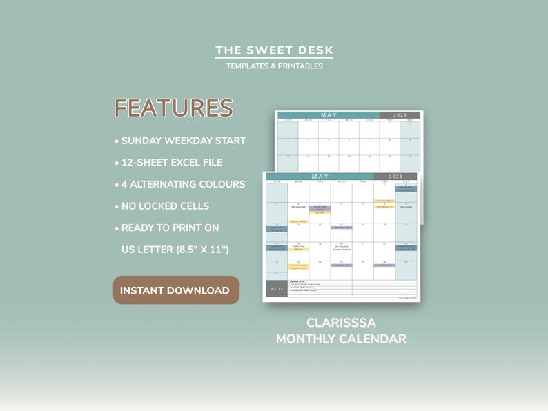 2026 Excel Calendar Template | Monthly Calendar Template | Customizable ...
