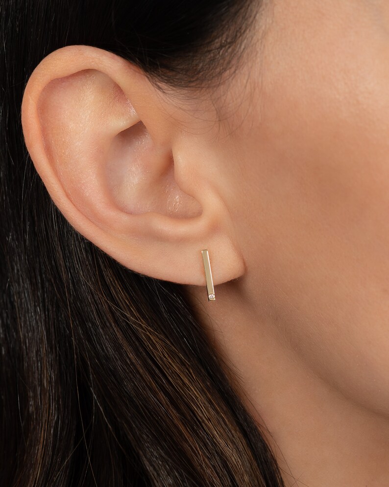 14k Gold Bar Stud Earrings With Tiny Diamonds - Etsy