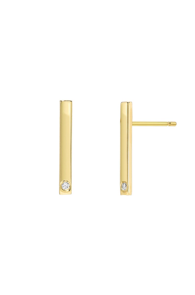 14k Gold Bar Stud Earrings With Tiny Diamonds - Etsy