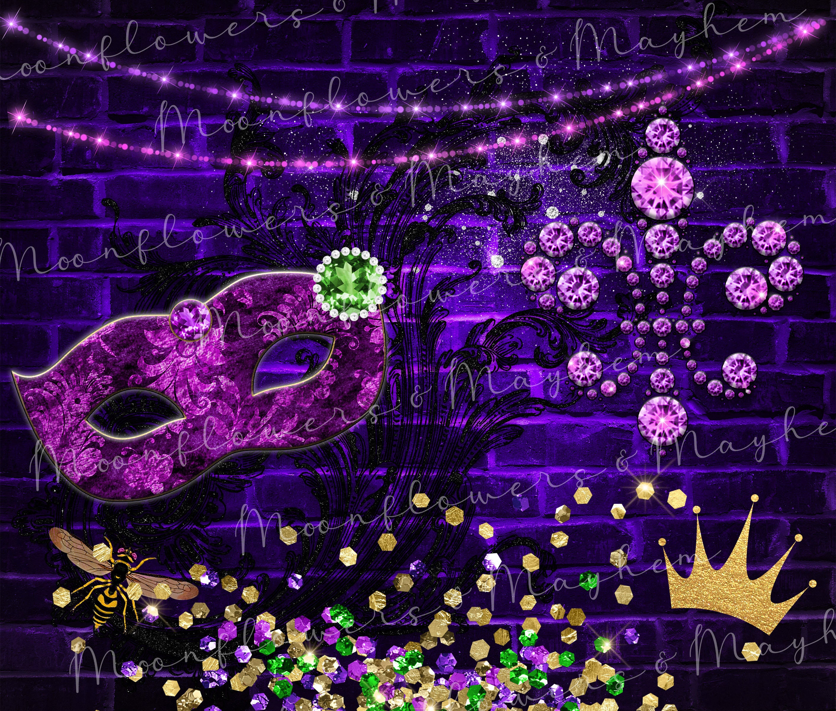 Mardi Gras, Neon Brick Wall Background, Faux Glitter & Mask, Festive ...