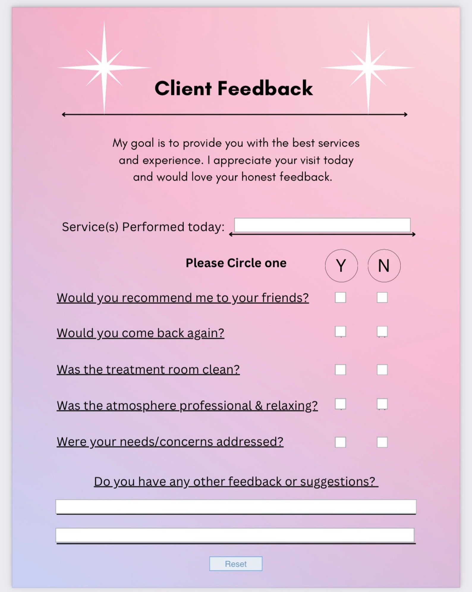 Client Feedback Form | Digital Download | 8.5 X 11 | Esthetics Clinic ...