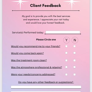 Client Feedback Form | Digital Download | 8.5 X 11 | Esthetics Clinic ...