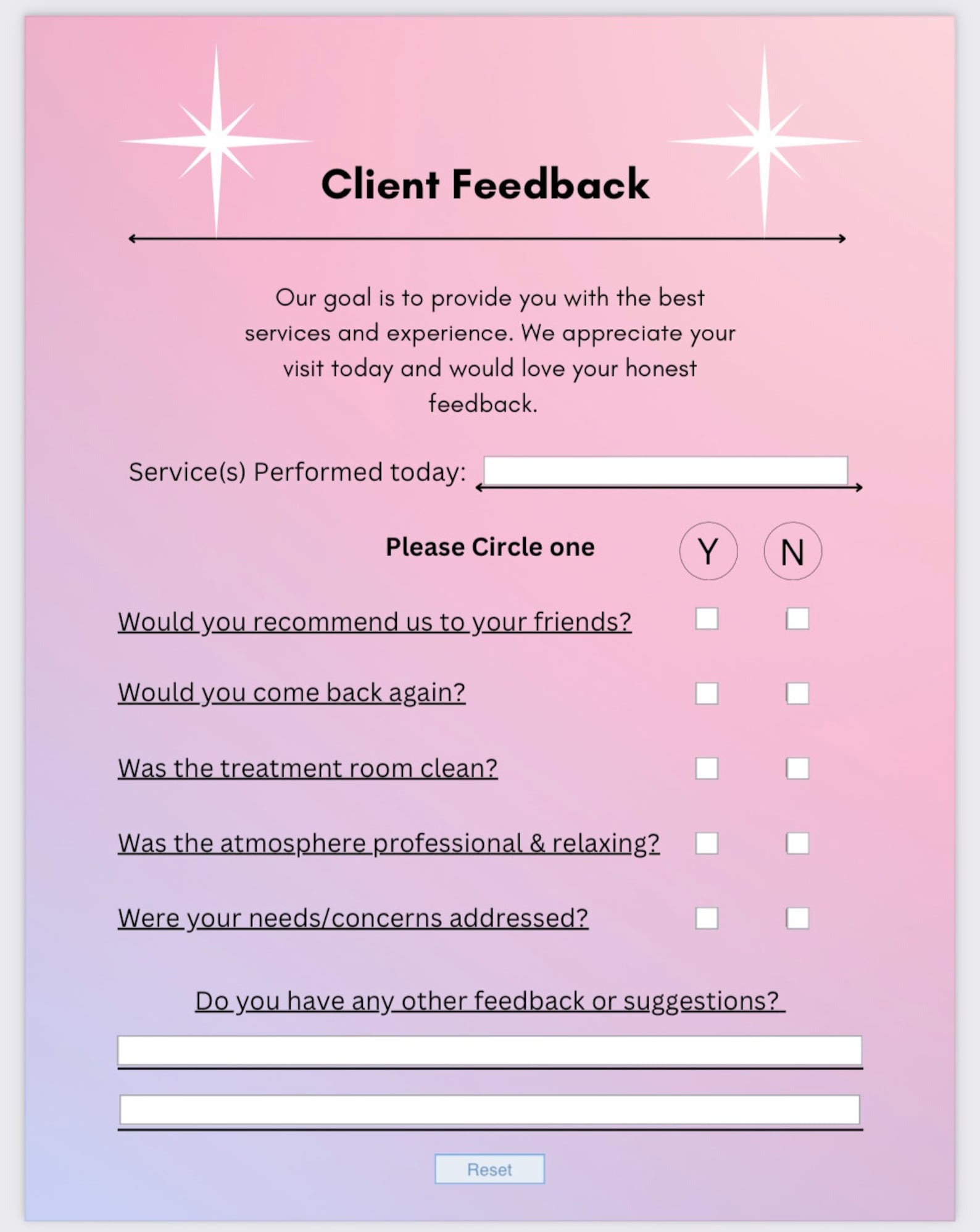 Client Feedback Form | Digital Download | 8.5 X 11 | Esthetics Clinic ...