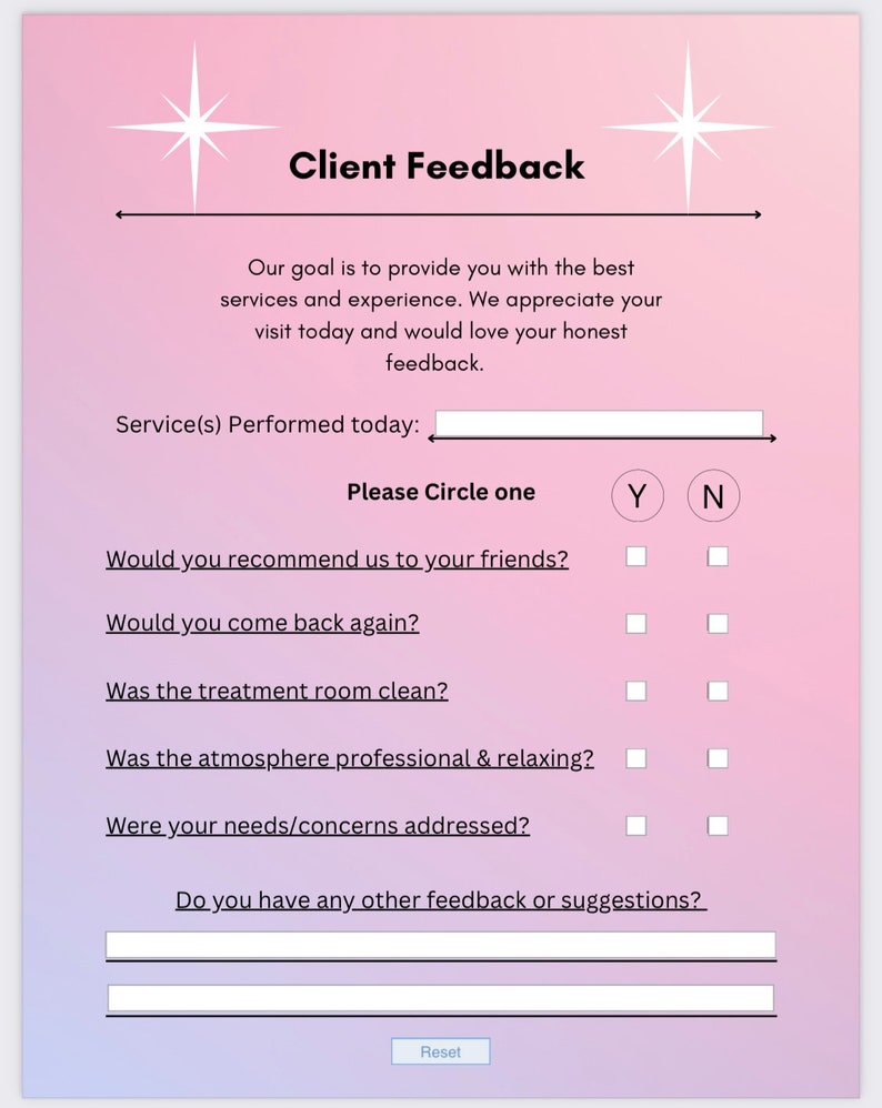 Client Feedback Form | Digital Download | 8.5 X 11 | Esthetics Clinic ...