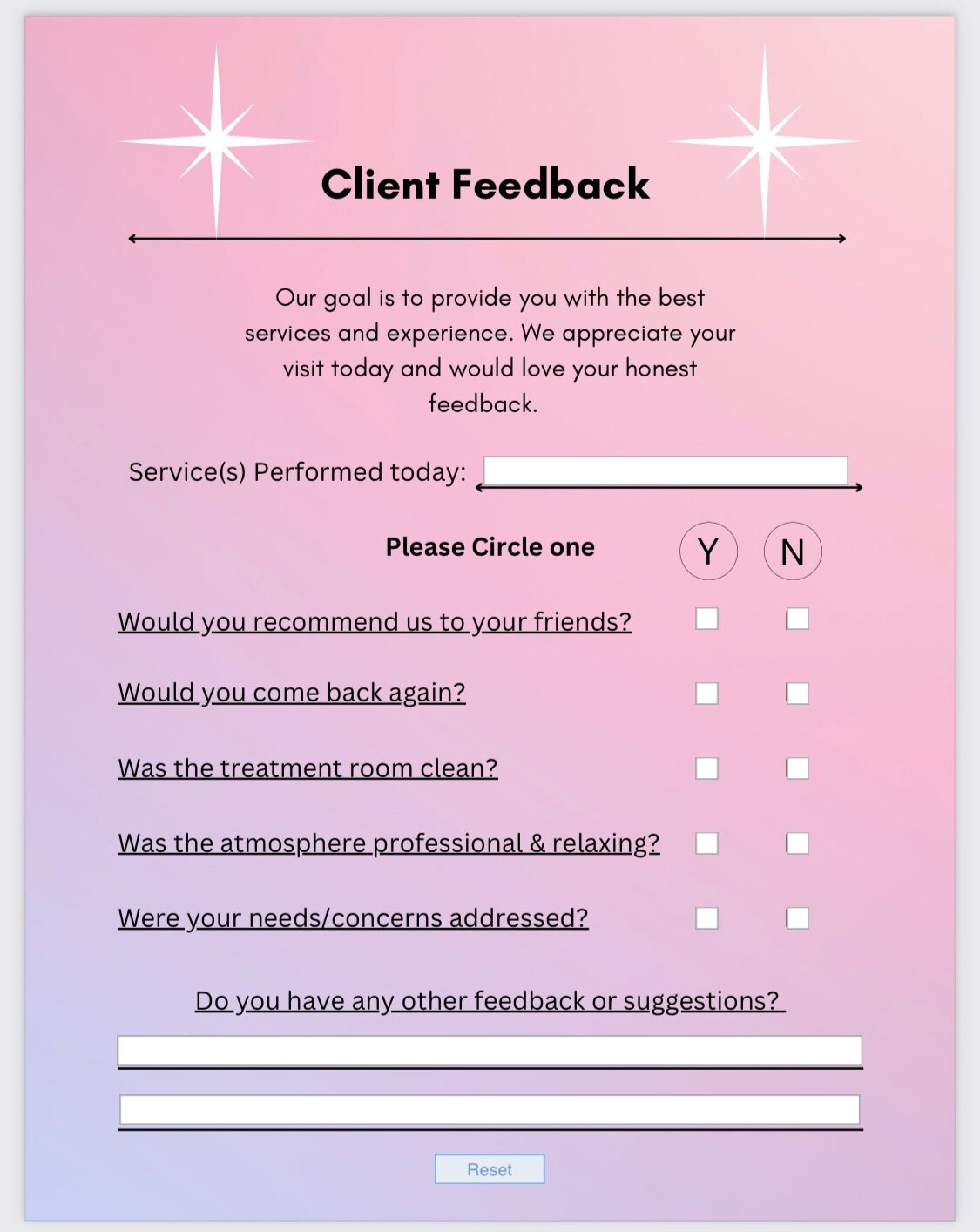 Client Feedback Form | Digital Download | 8.5 X 11 | Esthetics Clinic ...