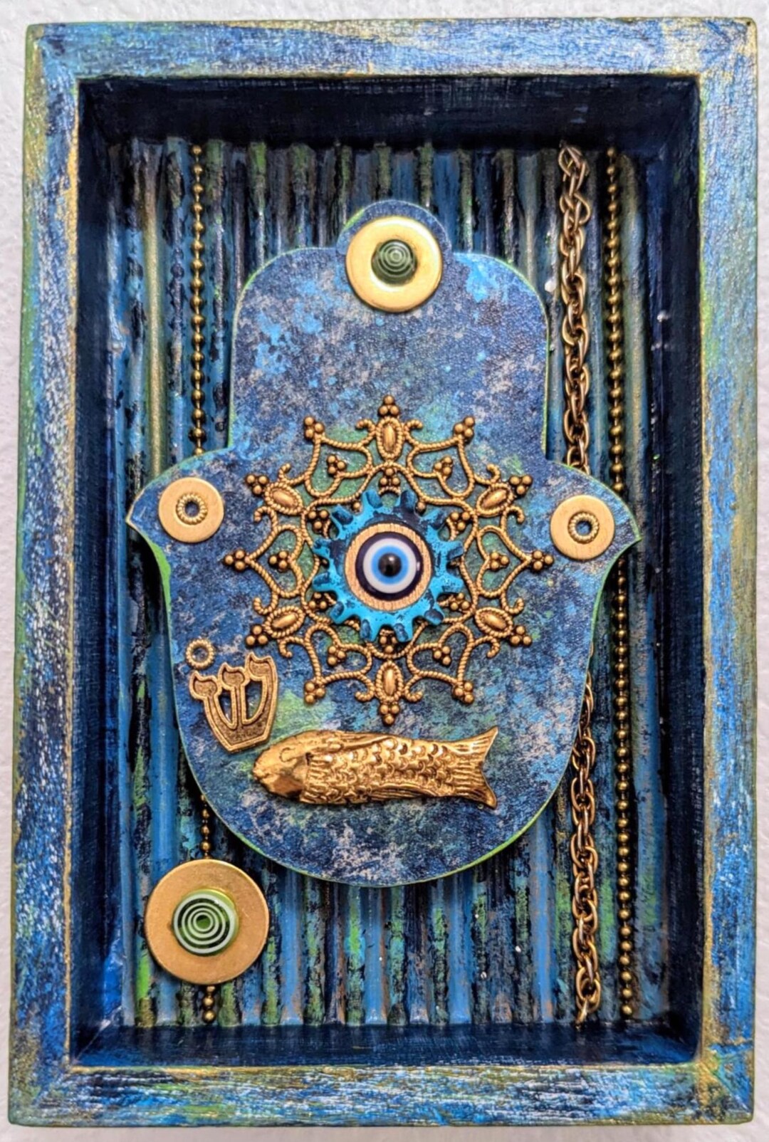 Ornate Blue and Gold Shin Jewish Star Hamsa Assemblage - Etsy