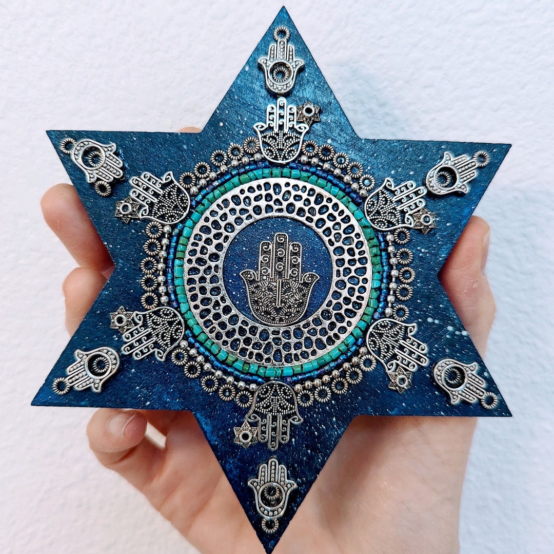 Handcrafted Judaica: Cosmos Jewish Star With Silver Hamsa - Etsy