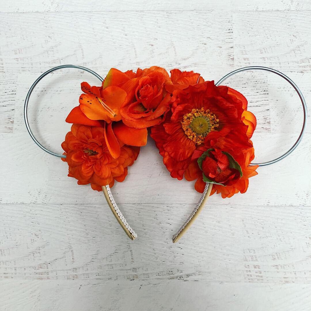 Orange Floral Mickey Mouse Ears, Minnie Mouse Ears, Spring Disney Ears ...