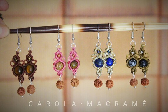 Pendientes De Macramé Con Piedra Natural Y Semilla Rudraksha | Etsy