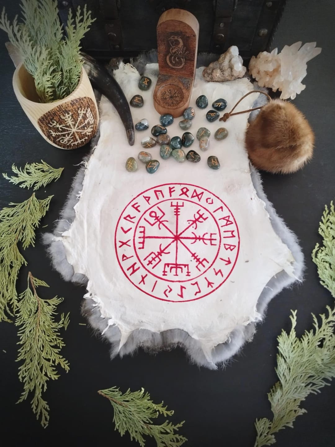 Viking Rune Altar Cloth, Elder Futhark Vegvisir, Rabbit Hide Pagan Tool ...