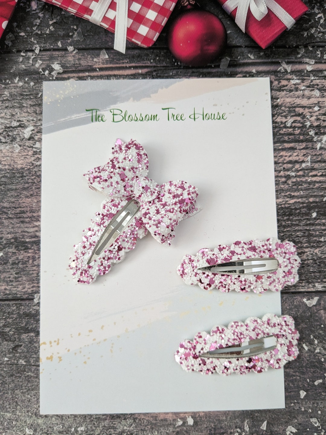 Christmas Pink Glitter Candy Cane Bow Snap Clip Glitter Hair Clips ...