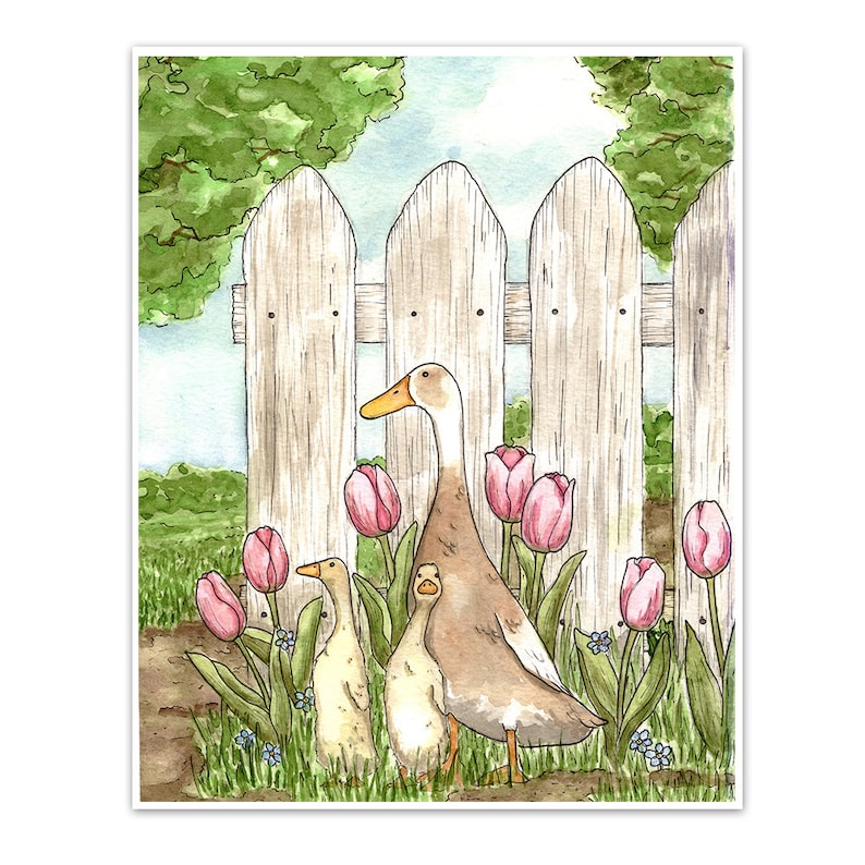 Ducks With Tulips Art Print, Watercolor Painting, Runner Duck With ...