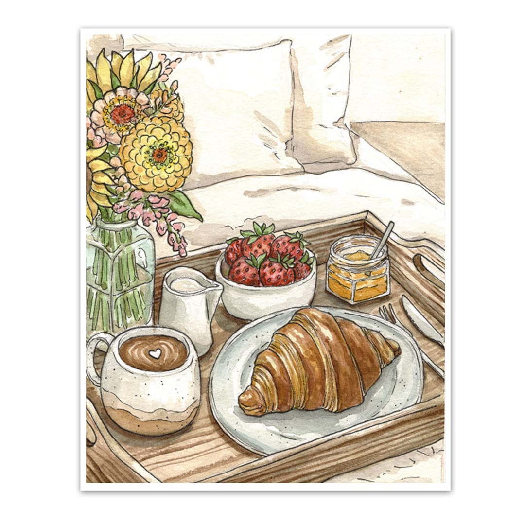 Cafe Art Print, Breakfast in Bed Art Print, Watercolor Painting, Coffee ...