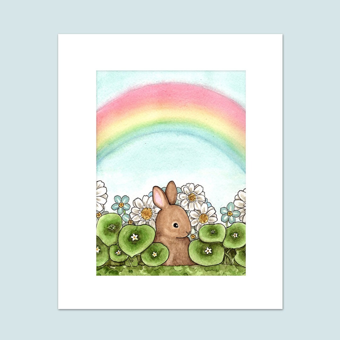 Bunny With Rainbow Watercolor Painting, Original Art, Mounted on Mat ...