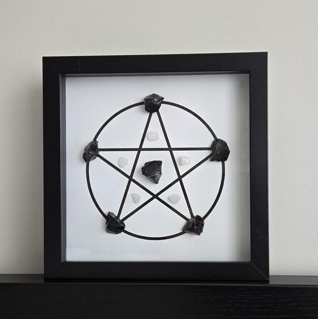 Pentagram Protection Crystal Grid, Framed Stone Wall Art, 8.75x 8.75 ...