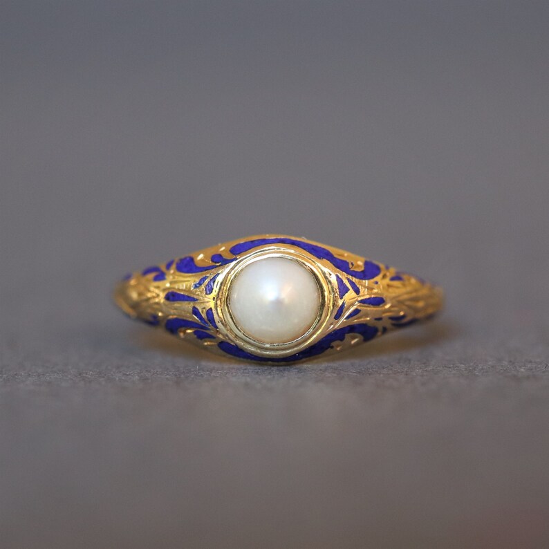 Antique Victorian Era Blue Enamel Pinky Ring With Pearl in - Etsy