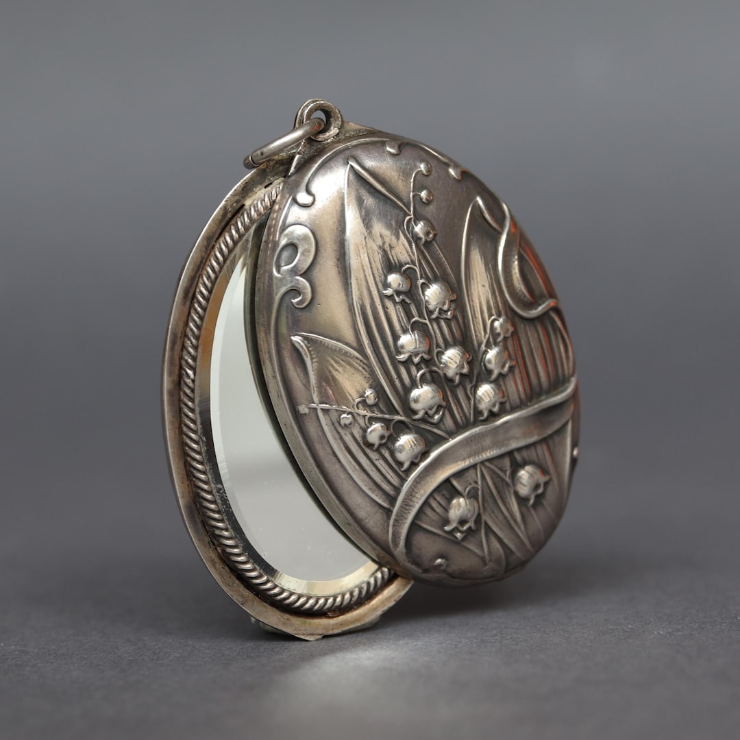 Antique Art Nouveau Era Large Slide Mirror Locket Pendant in Silver ...